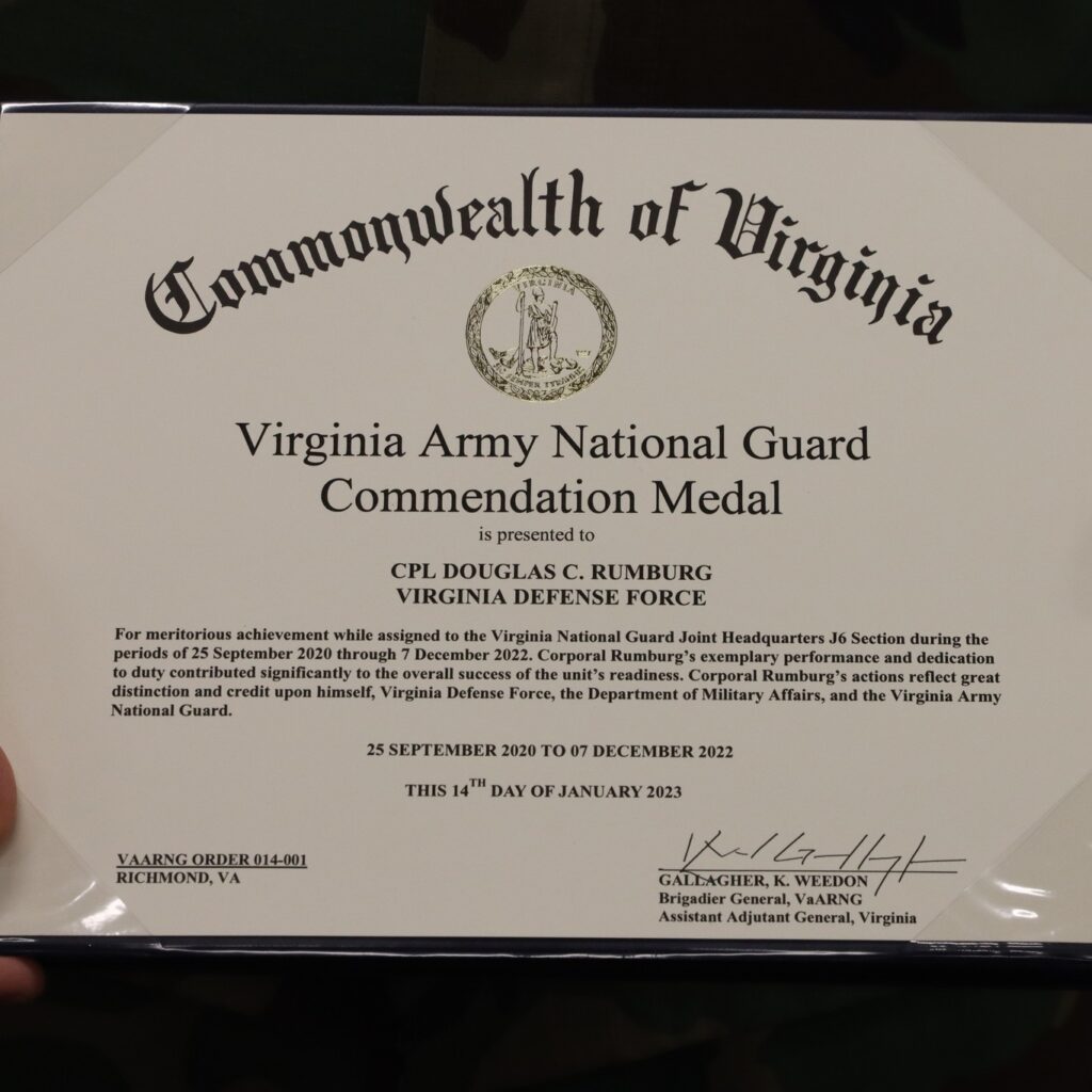 Virginia TAG Awards Defense Force Corporal Army National Guard ...