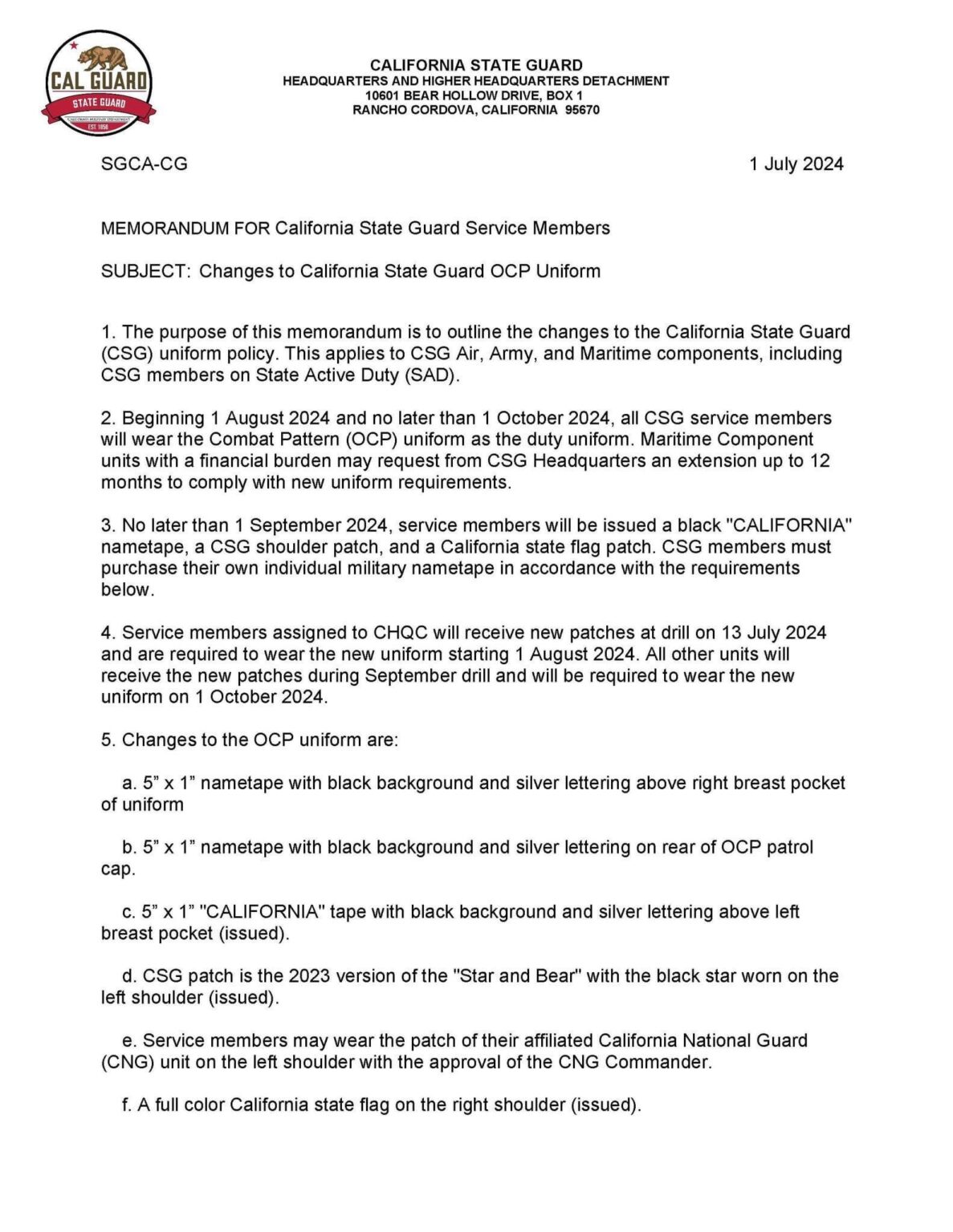 California State Guard's Major Uniform Overhaul to Begin on August 1st ...